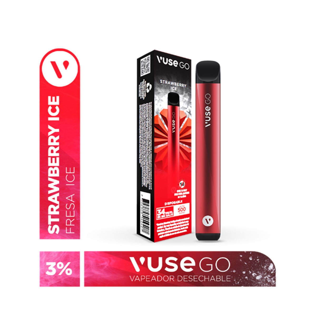 Vapeador Vuse Go Strawberry Ice 3% X 500 Puffs