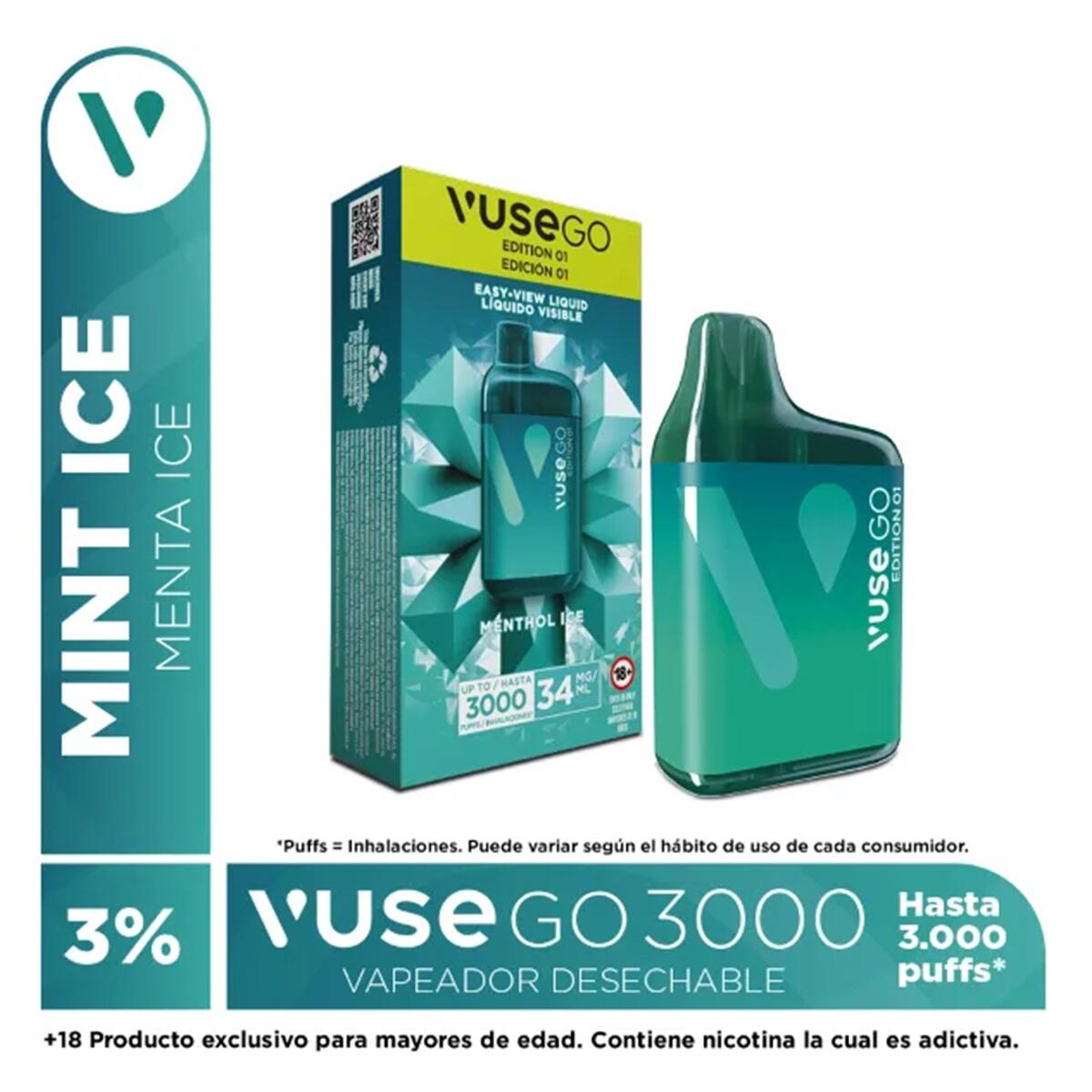 Vapeador Vuse Go Mint Ice X 3% X 3000 Puffs